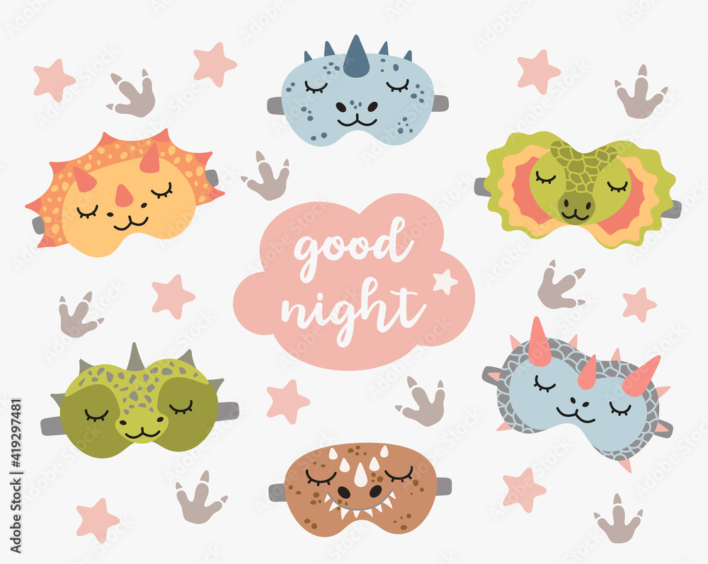Dino sleep mask set. Cute dinosaur eye mask, vector illustration. Stock ...