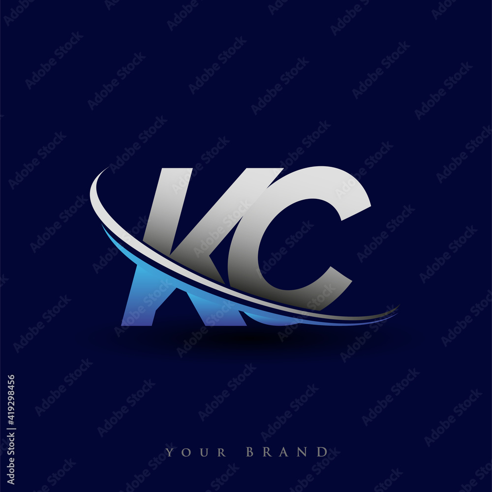 initial letter KC logotype company name colored blue and grey swoosh ...