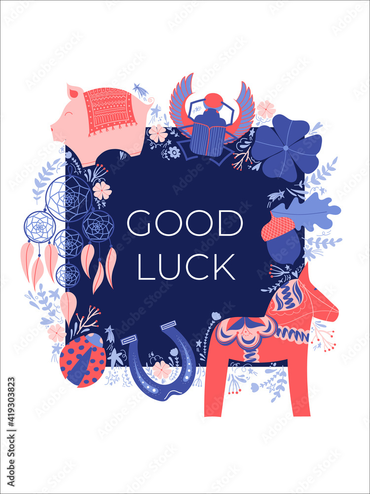 Lucky charms, symbols, amulets, talismans. Good luck symbols banner ...