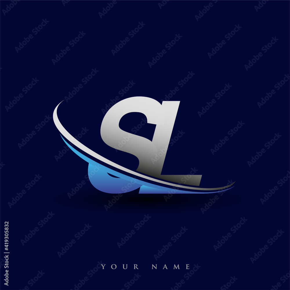 initial letter SL logotype company name colored blue and grey swoosh ...