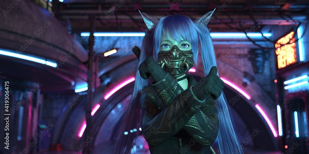 3d illustration of cyberpunk girl with blue hair in metallic mask and ...