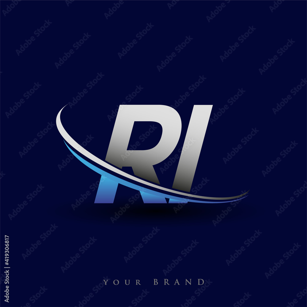 initial letter RI logotype company name colored blue and grey swoosh ...