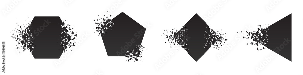 Shape shattered and explodes flat style design vector illustration set ...