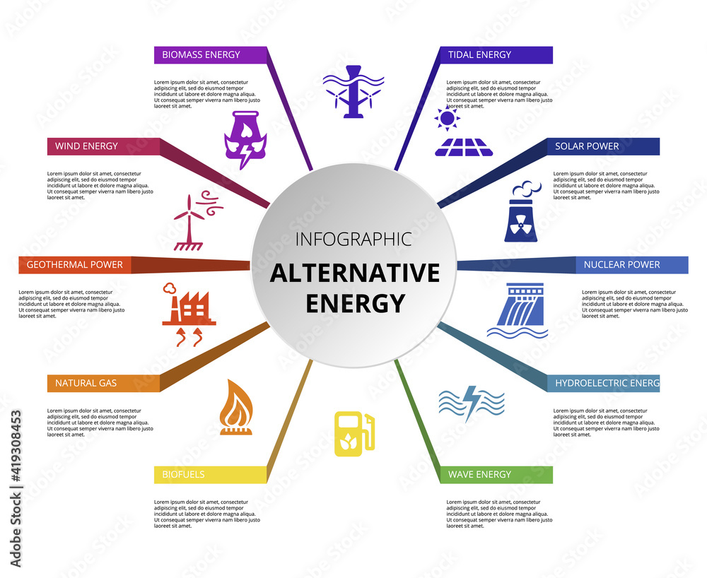Infographic Alternative Energy template. Icons in different colors ...