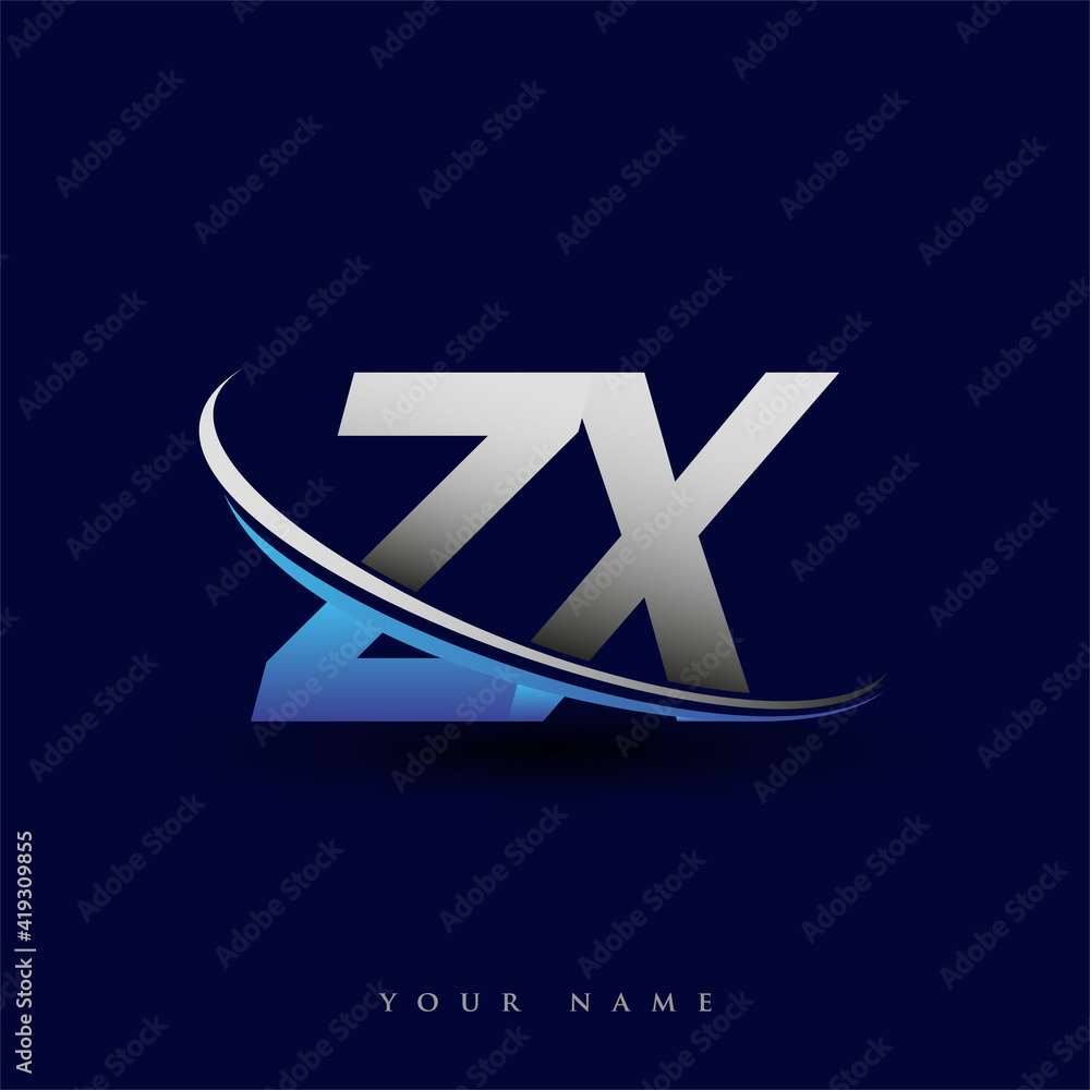 initial letter ZX logotype company name colored blue and grey swoosh ...