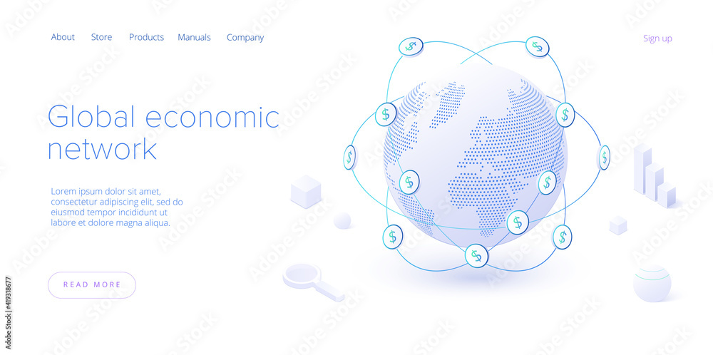 Global economic network in isometric vector illustration. World economy ...