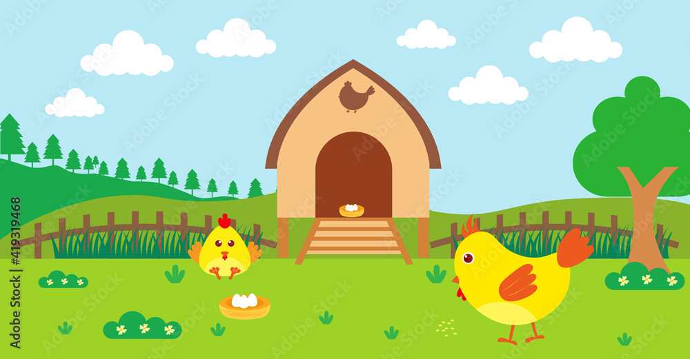 Cute Cartoon Vector Illustration of Chicken and Farm Rural Meadow Stock ...