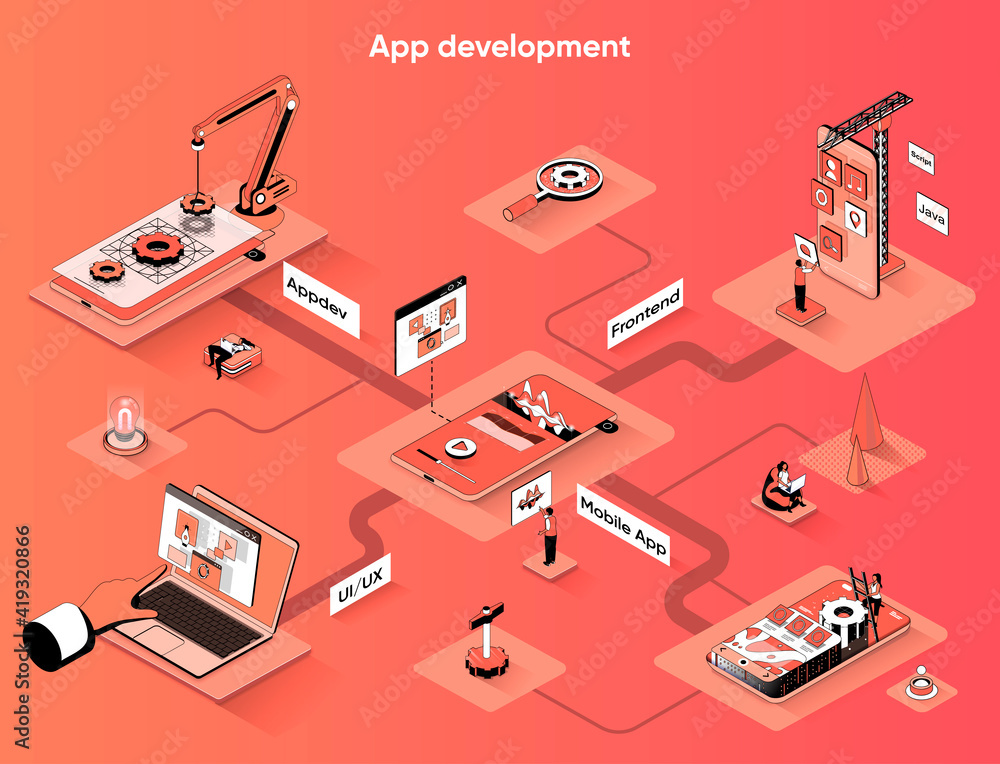 Vetor de App development isometric web banner. Programming smartphone ...