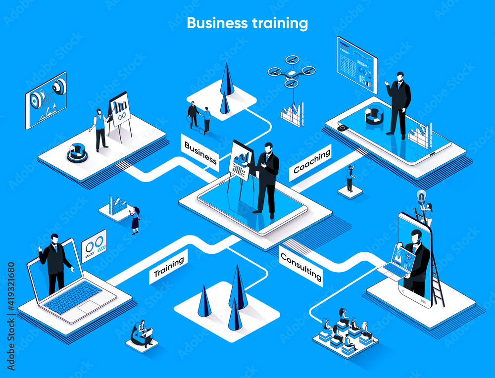 Business training isometric web banner. Coaching, mentoring and ...