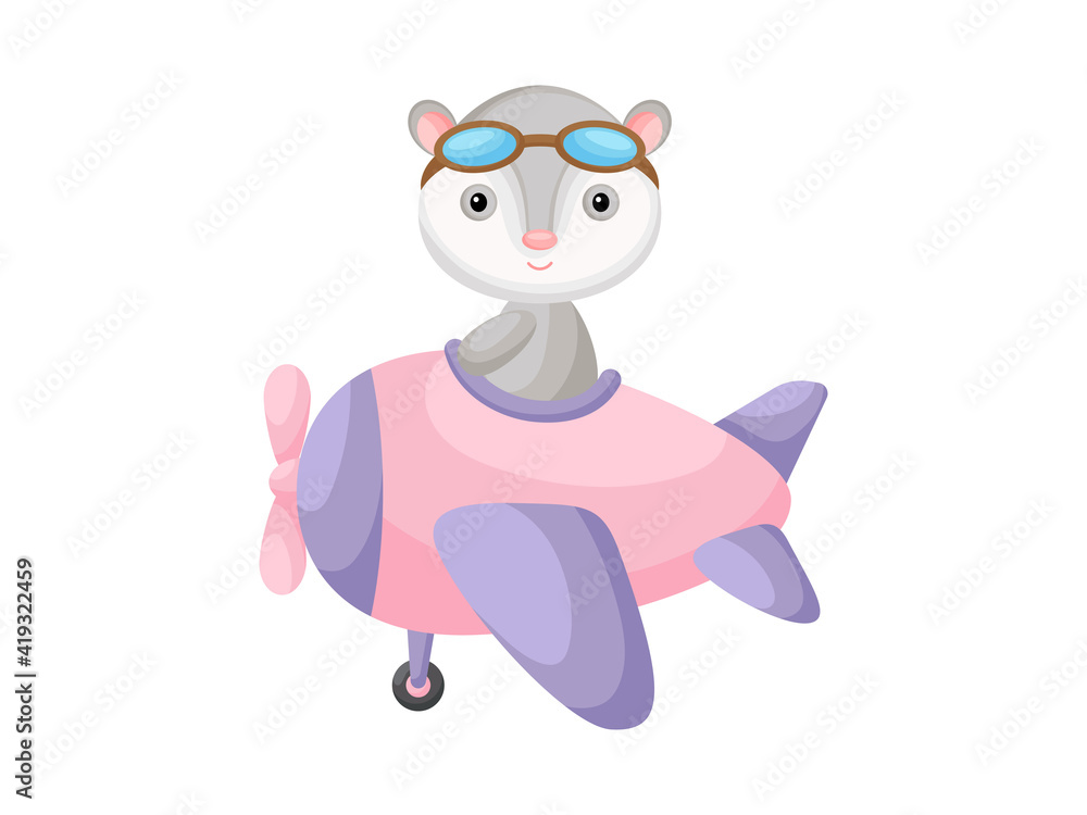 Little opossum wearing aviator goggles flying an airplane. Funny baby ...