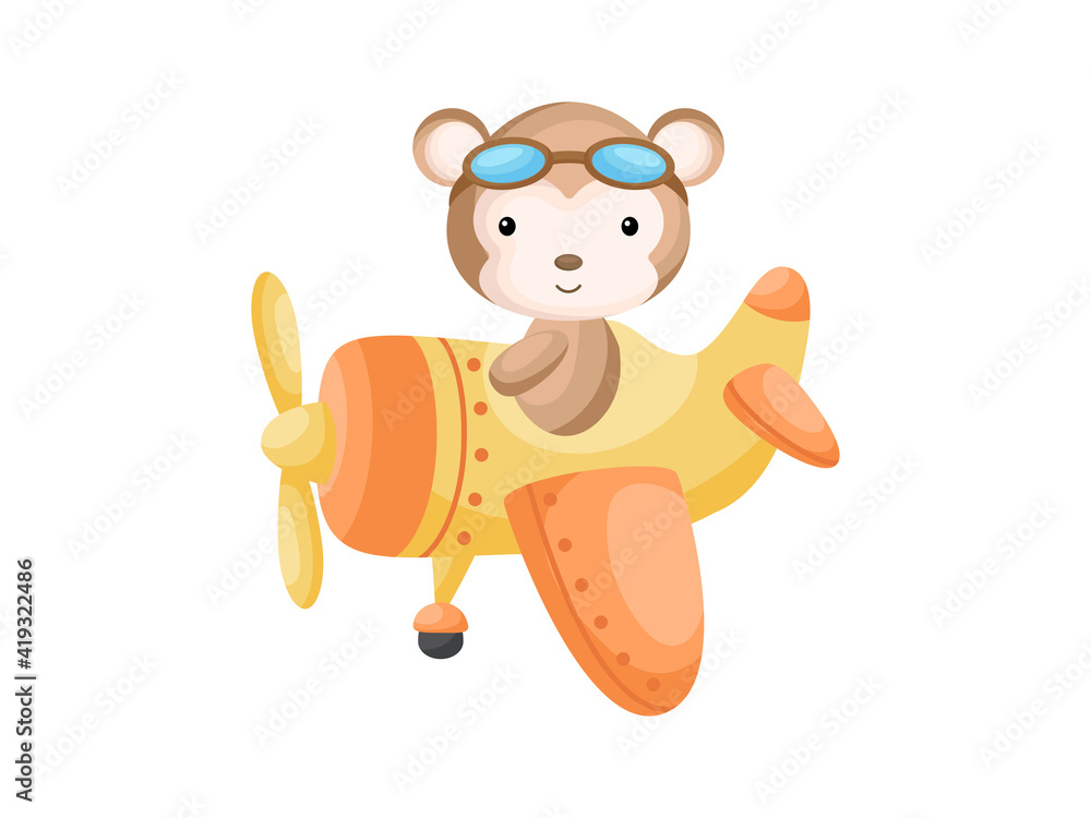 Little monkey wearing aviator goggles flying an airplane. Funny baby ...