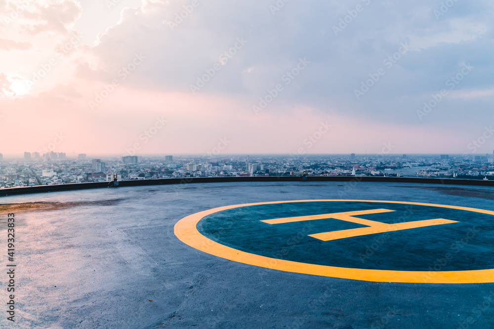 Helipad sunset Bangkok, Thailand, rooftop helicopter, top of the ...