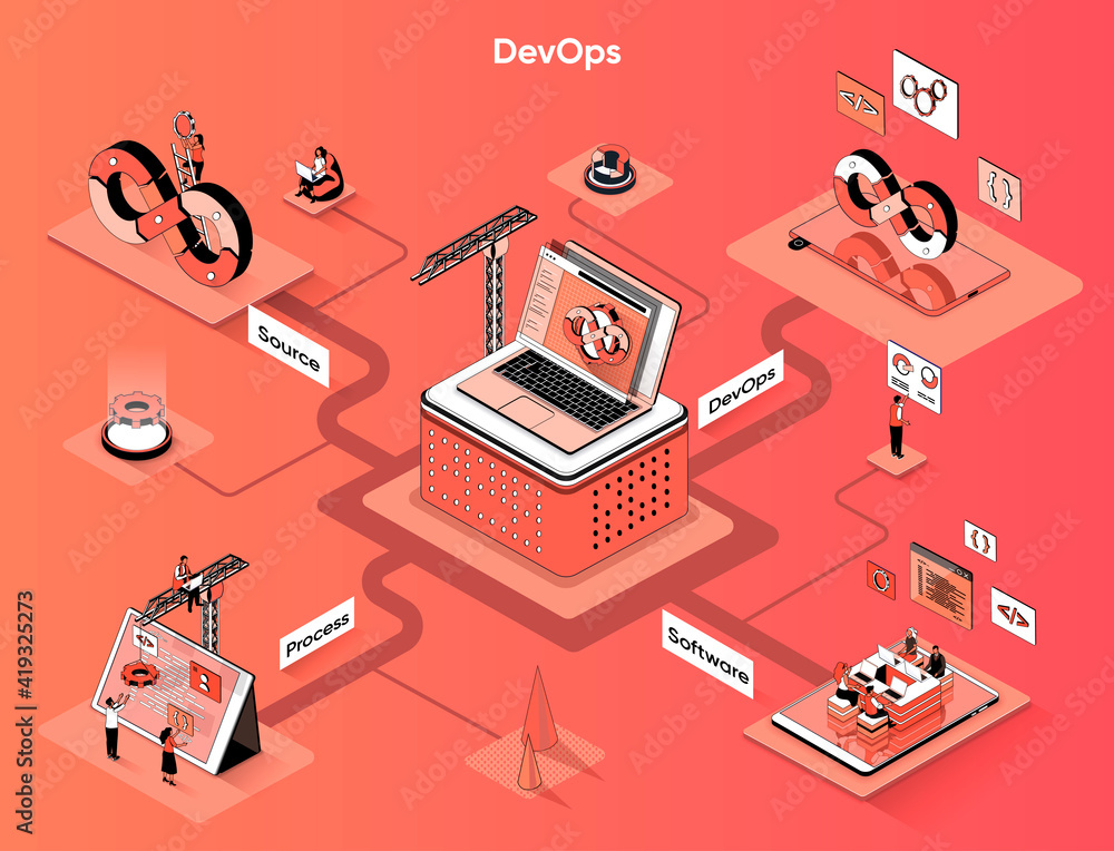 Vetor de DevOps isometric web banner. Development and software ...