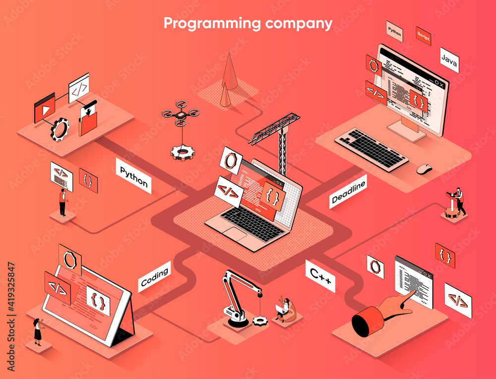 Programming company isometric web banner. Development and creation of ...