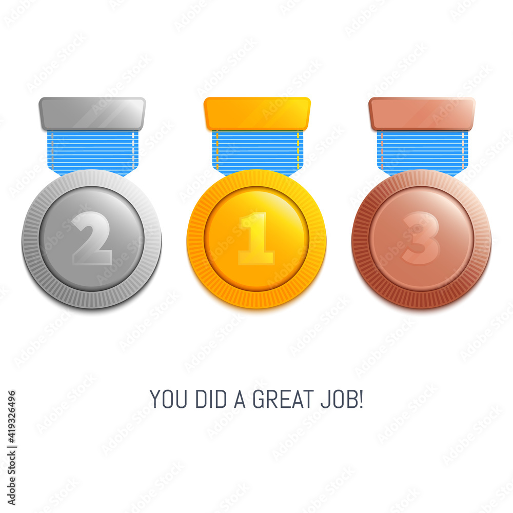 Award winning medal realistic icon set of gold, silver and bronze ...