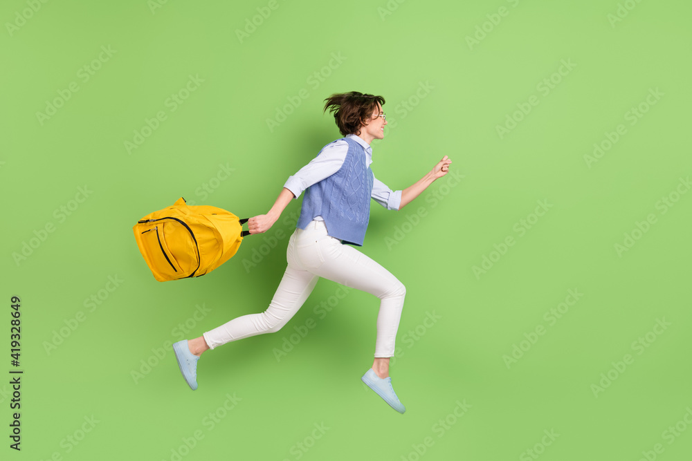 Full length body size profile side view of nice cheerful girl running ...