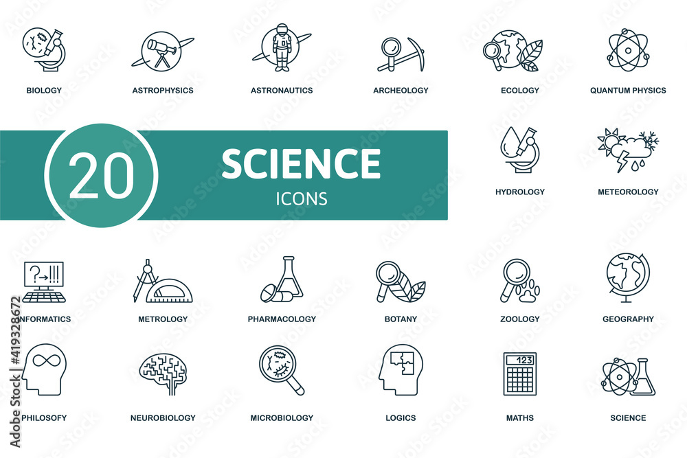 Science icon set. Contains editable icons science theme such as ...