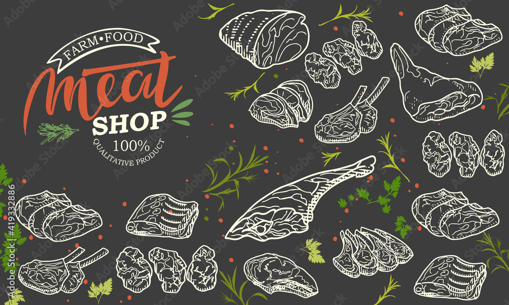 Sticker of meat products. Beef, pork, lamb. Vector illustration in the ...