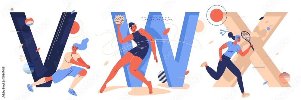 Sport letters with women characters training and running. V for ...