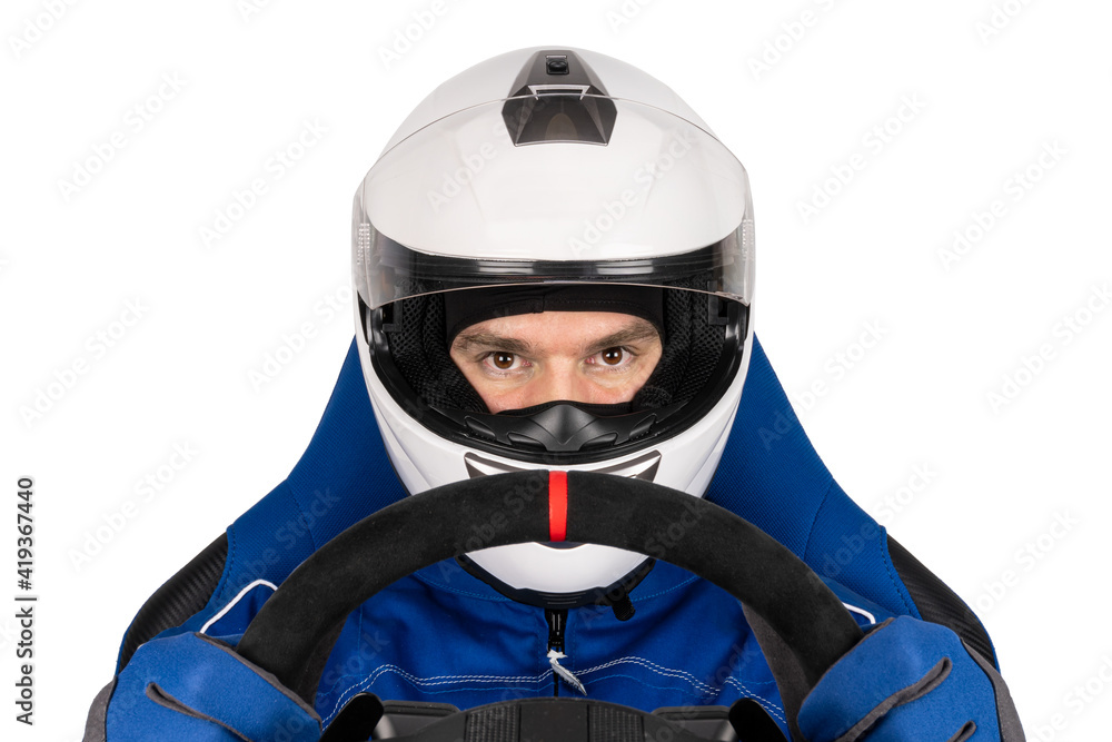 race or rallye driver blue overall suit with steering wheel and crash ...