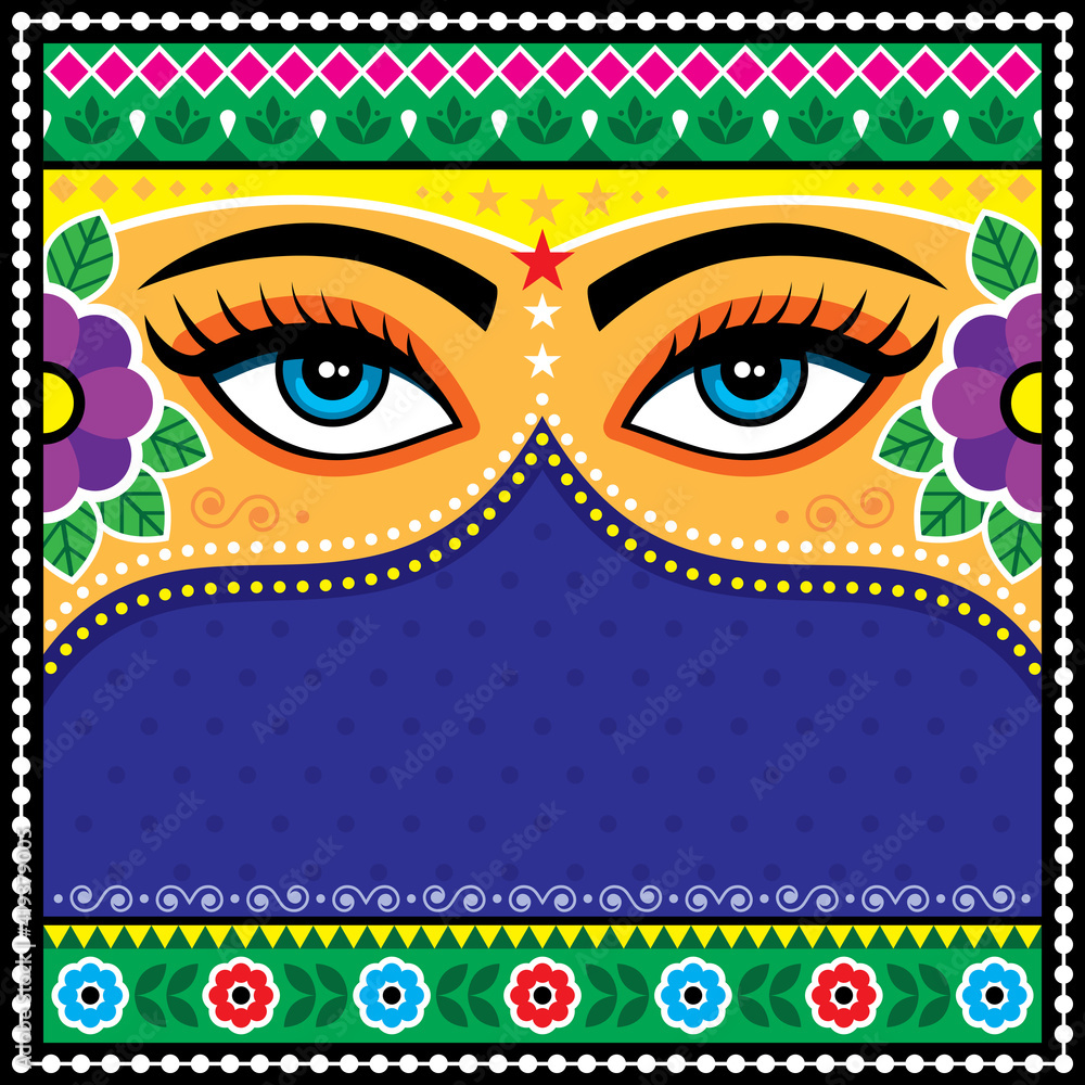 Pakistani or Indian truck art vector pattern, with female eyes and ...