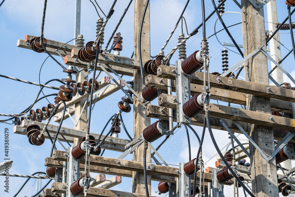 High voltage electrical insulation in a power substation Stock Photo ...