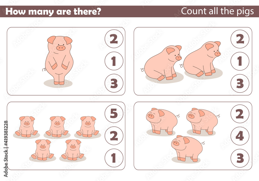 Count the pigs and circle the correct answer. Counting game for ...