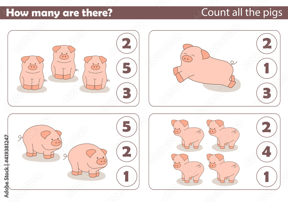 Count the pigs and circle the correct answer. Counting game for ...