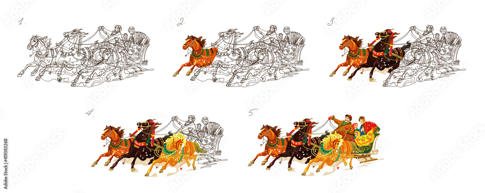 Vecteur Stock Image of a Russian troika of horses. The finished drawing ...