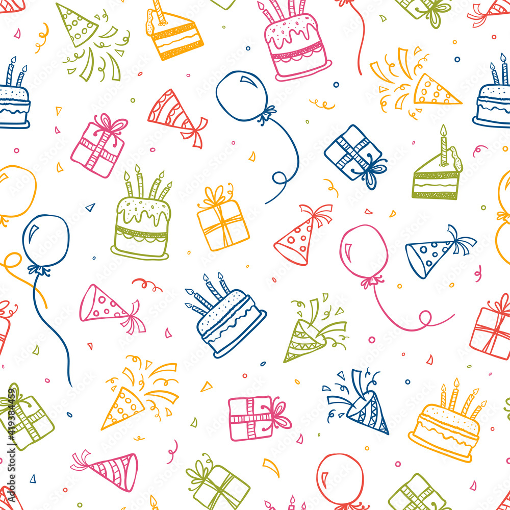 Fun hand drawn party seamless background with cakes, gift boxes ...