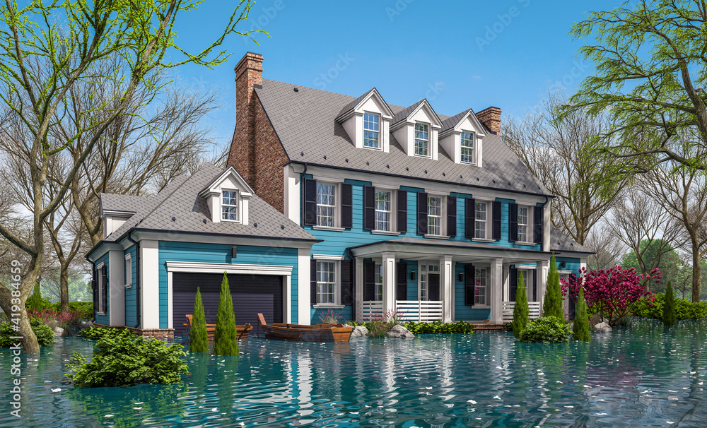 3d rendering of classic house in colonial style in spring water ...