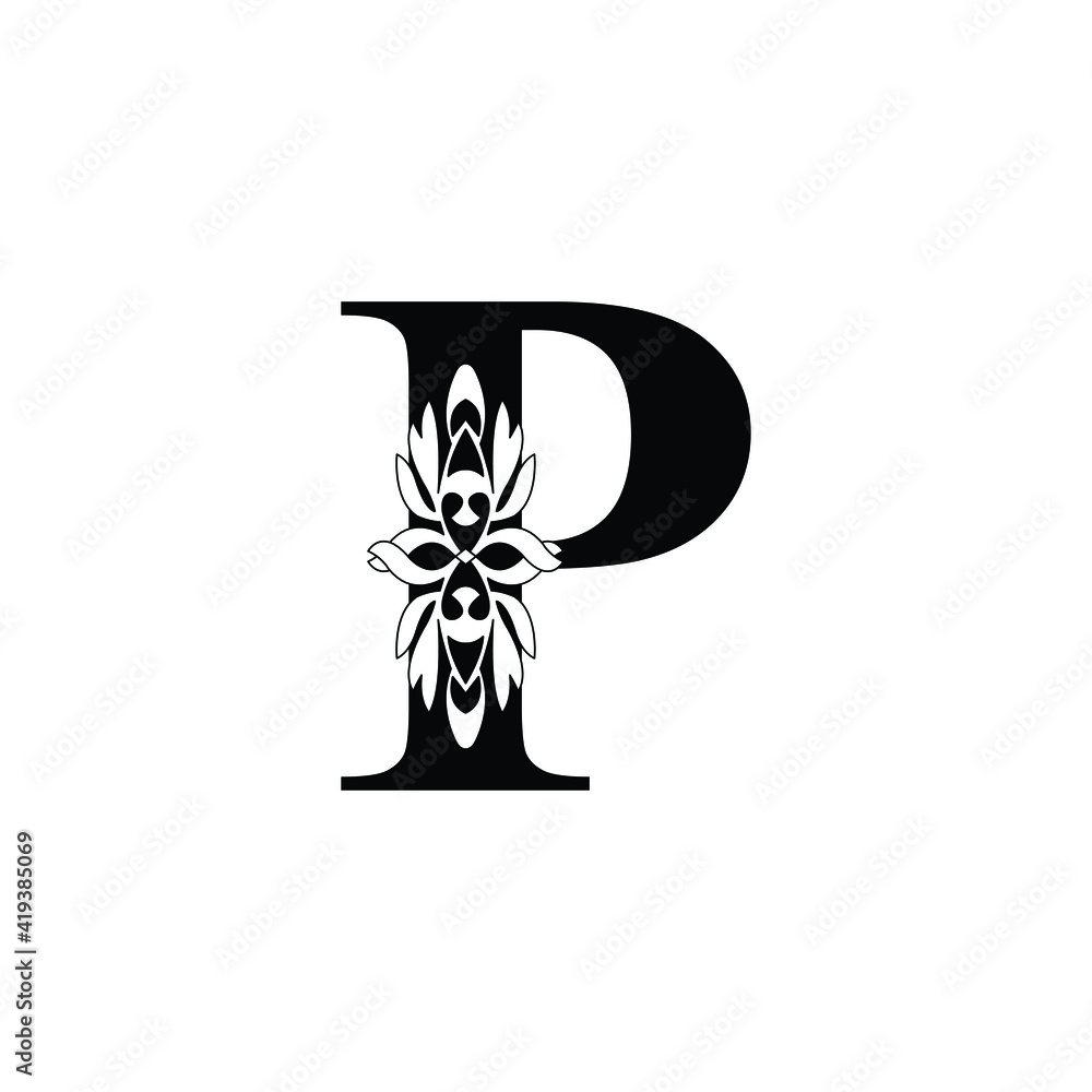 letter P. Black and white flower alphabet. Beautiful capital letters ...