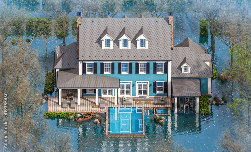 3d rendering of classic house in colonial style in spring water ...
