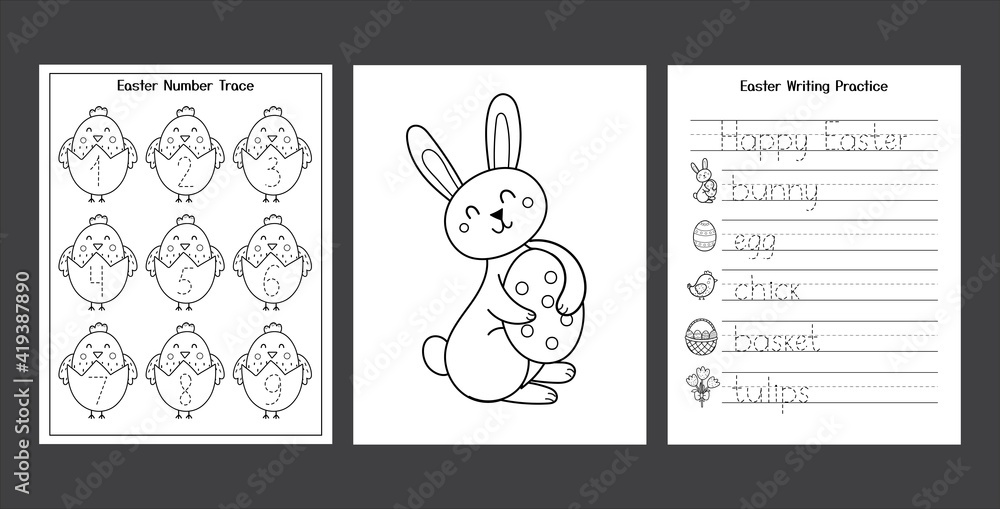 Easter Worksheets set with cute bunny and chick. Black and white spring ...