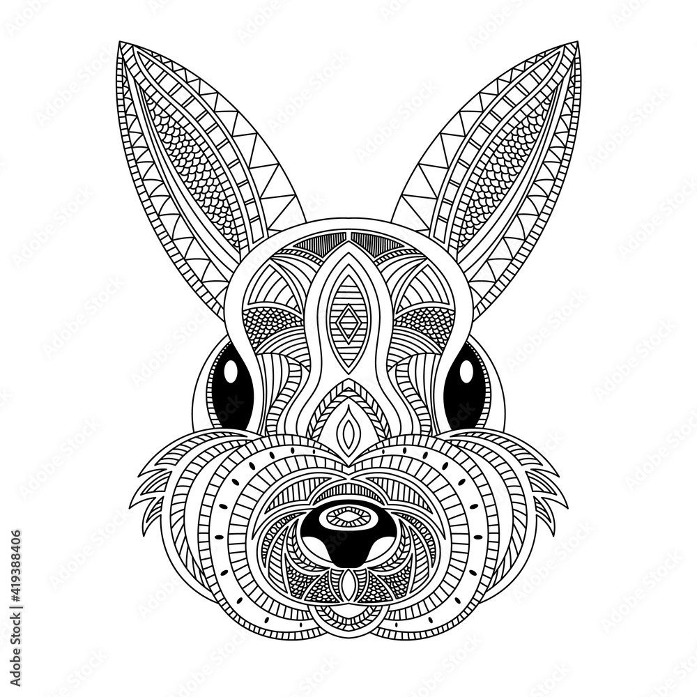 Rabbit head coloring book illustration. Black and white lines. Print ...