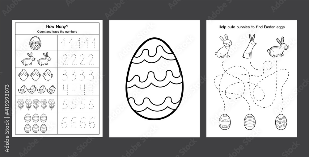 Easter Worksheets set with cute bunnies and chicks. Black and white ...