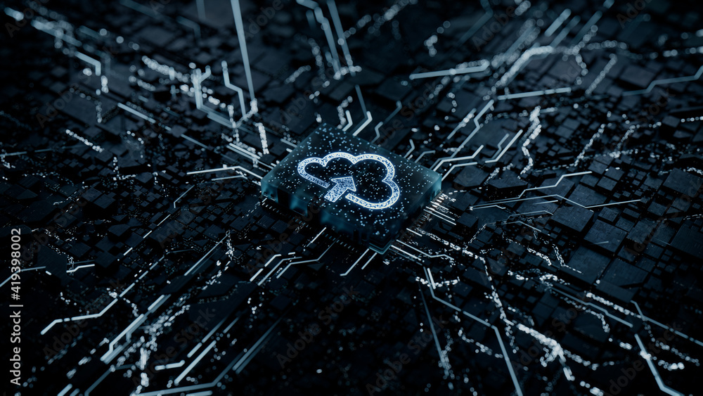 Data Storage Technology Concept With Cloud Upload Symbol On A Microchip