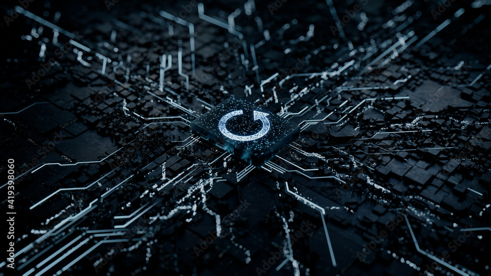 Reload Technology Concept with refresh symbol on a Microchip. Data ...