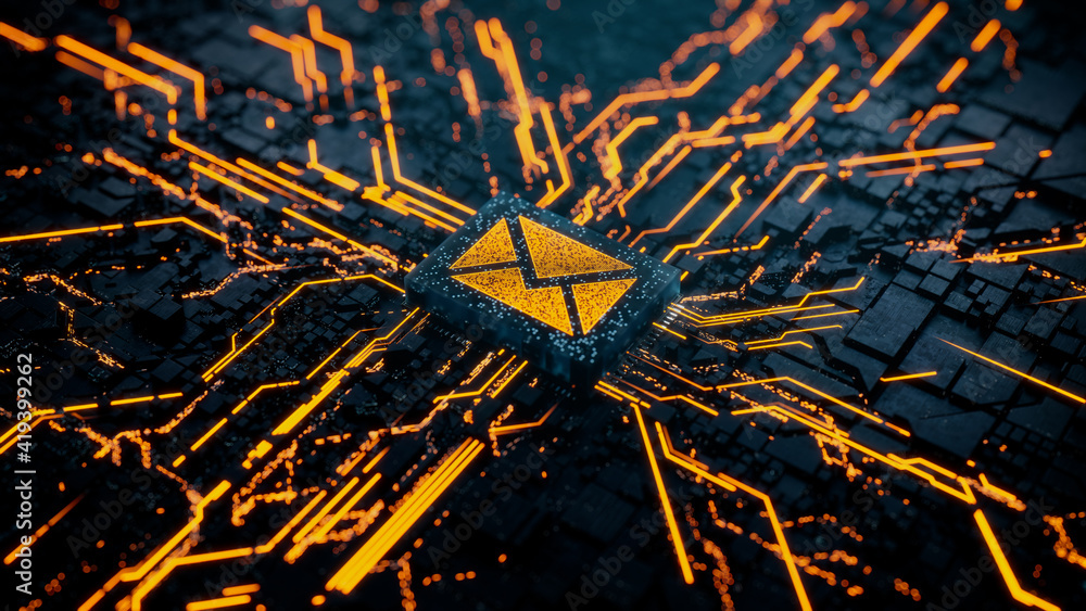 Email Technology Concept with Envelope symbol on a Microchip. Data ...