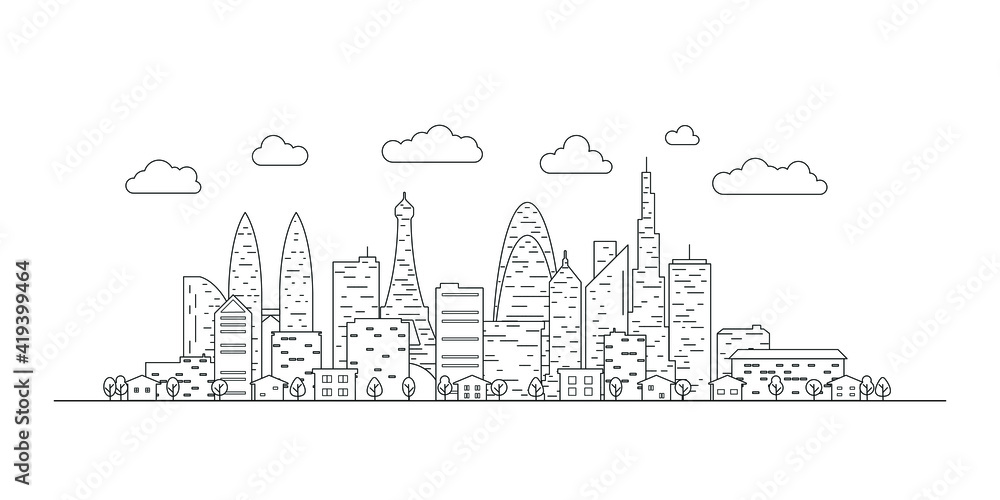 City landscape template. Thin line City landscape. Downtown landscape ...