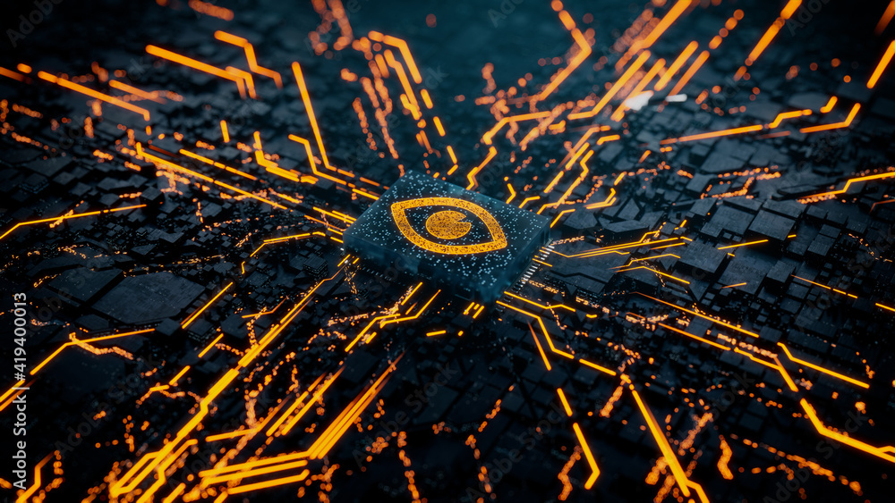 Vision Technology Concept with eye symbol on a Microchip. Data flows ...