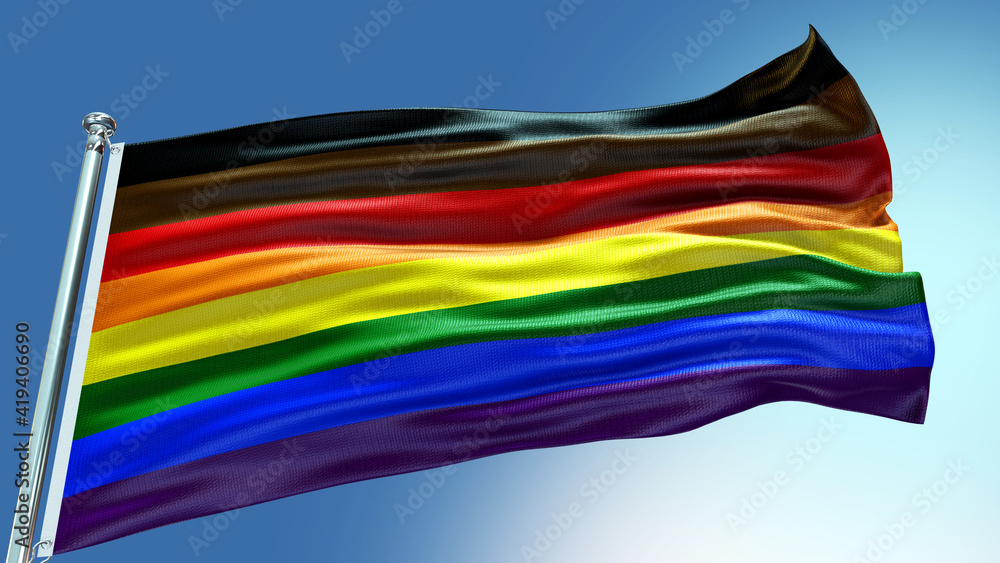Philadelphia Pride flag waving with texture in sky and clouds and ...