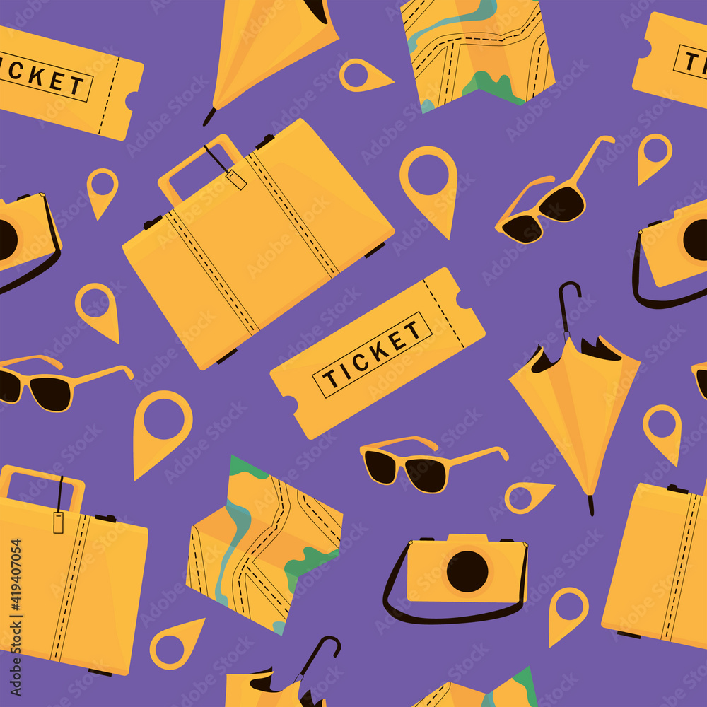 pattern with traveler's luggage on a purple background. train ticket ...