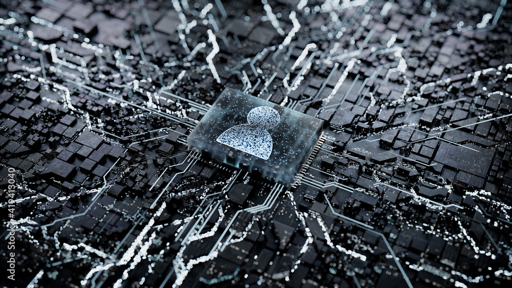 Social Technology Concept with user symbol on a Microchip. Data flows ...