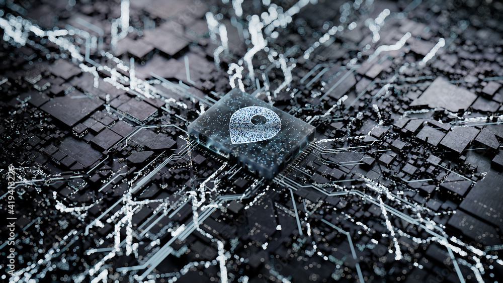 Location Technology Concept with map pin symbol on a Microchip. Data ...