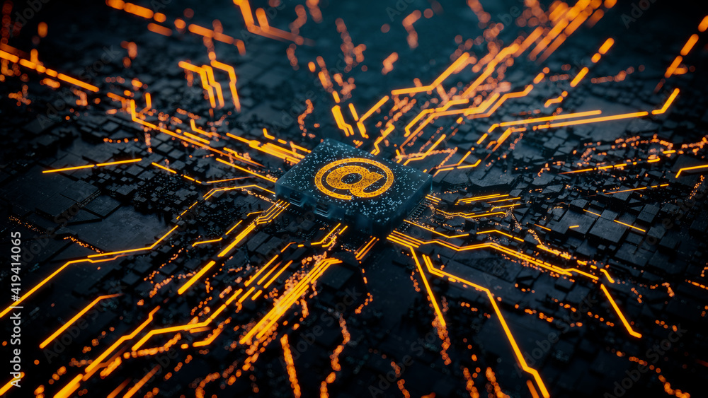 Email Technology Concept with @ symbol on a Microchip. Data flows from ...