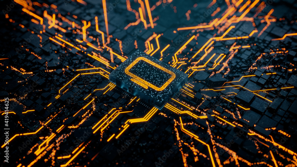 Display Technology Concept with Monitor symbol on a Microchip. Data ...