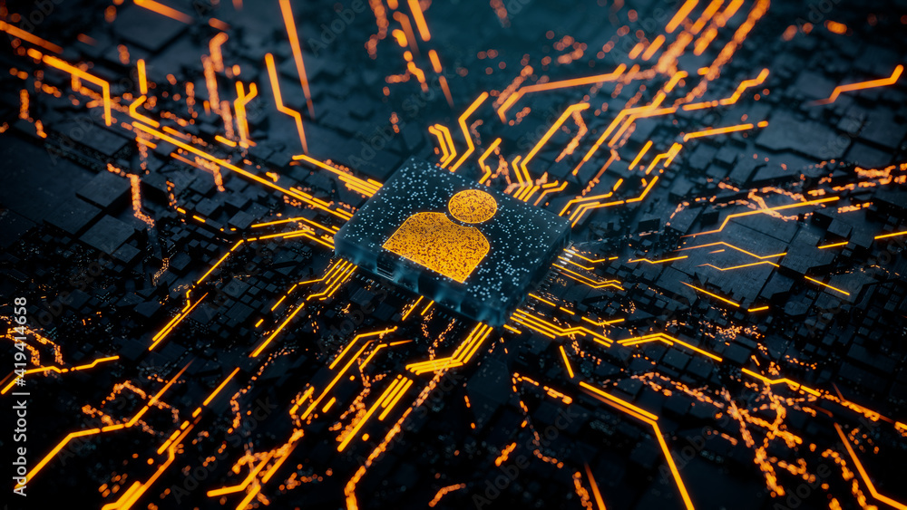 Social Technology Concept with user symbol on a Microchip. Data flows ...