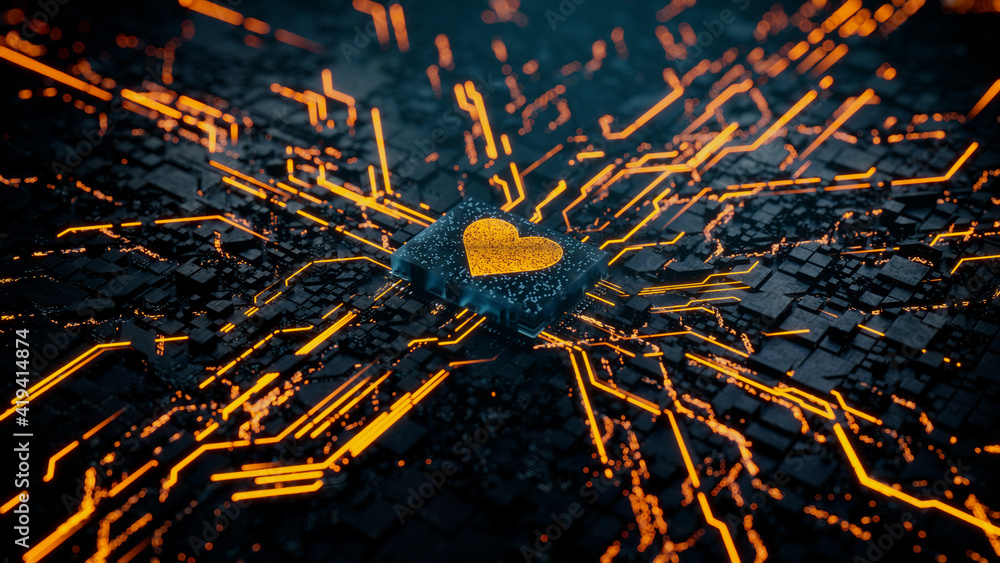 Love Technology Concept with heart symbol on a Microchip. Data flows ...