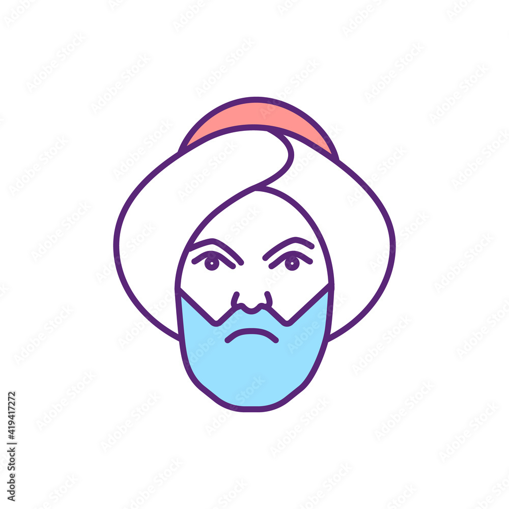Angry muslim man RGB color icon. Unhappy arabian person. Facial ...